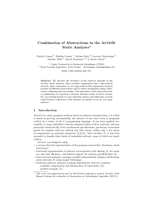 (PDF) Combination of Abstractions in the ASTRÉE Static Analyzer
