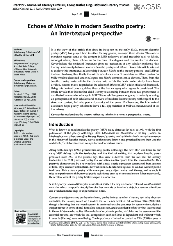 (PDF) Echoes of lithoko in modern Sesotho poetry: An intertextual ...