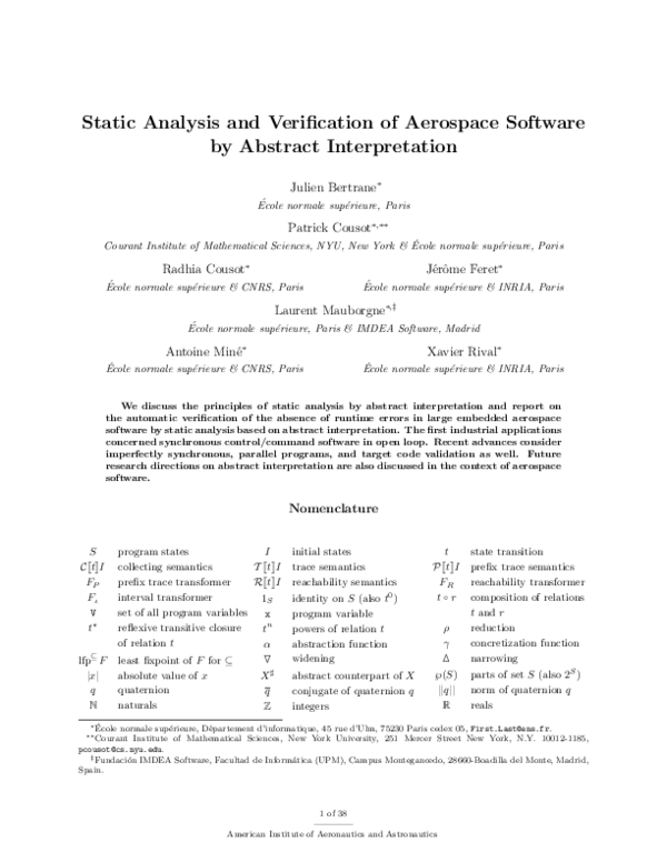 (PDF) Static Analysis and Verification of Aerospace Software by Abstract Interpretation