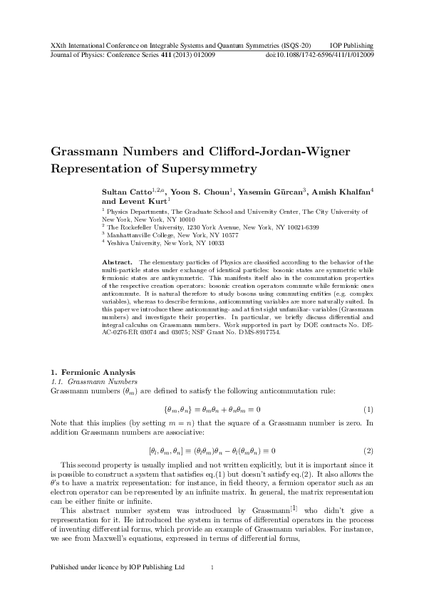 (PDF) Grassmann Numbers and Clifford-Jordan-Wigner Representation of ...