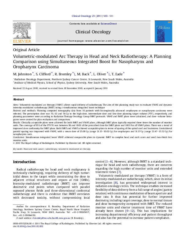 (PDF) Volumetric-modulated Arc Therapy in Head and Neck Radiotherapy: A ...