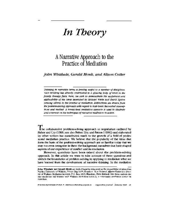 (PDF) A Narrative Approach to the Practice of Mediation