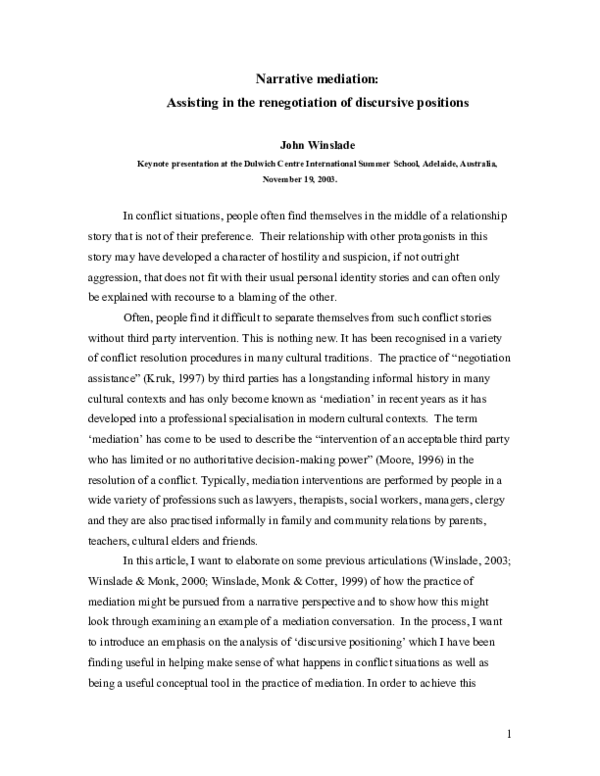 (PDF) Narrative Mediation: Assisting in the Renegotiation of Discursive ...