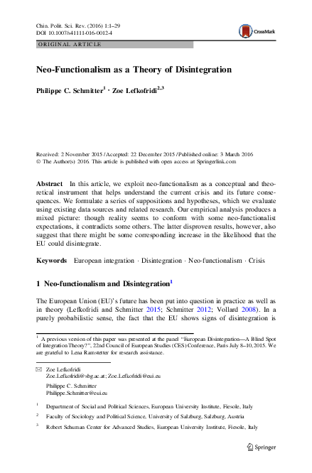 (PDF) Neo-Functionalism as a Theory of Disintegration
