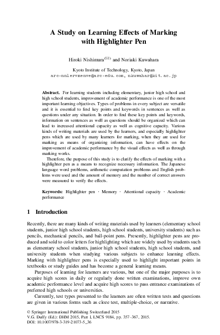 (PDF) A Study on Learning Effects of Marking with Highlighter Pen