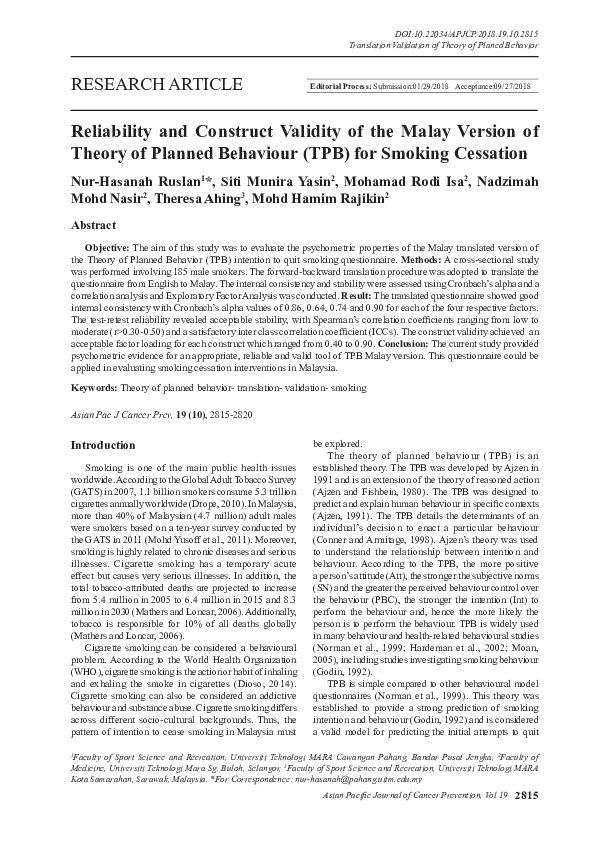 Pdf Reliability And Construct Validity Of The Malay Version Of Theory Of Planned Behaviour