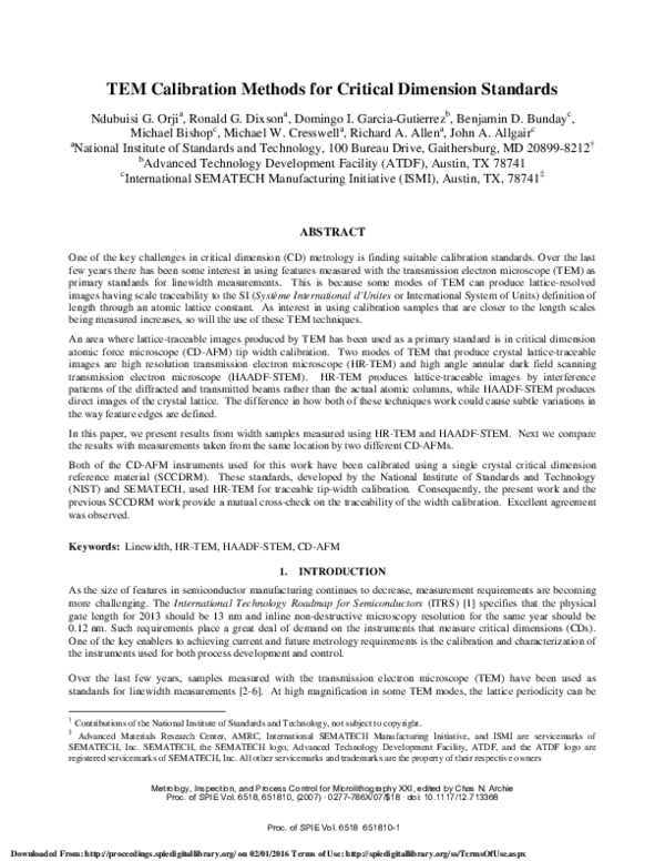(PDF) TEM calibration methods for critical dimension standards