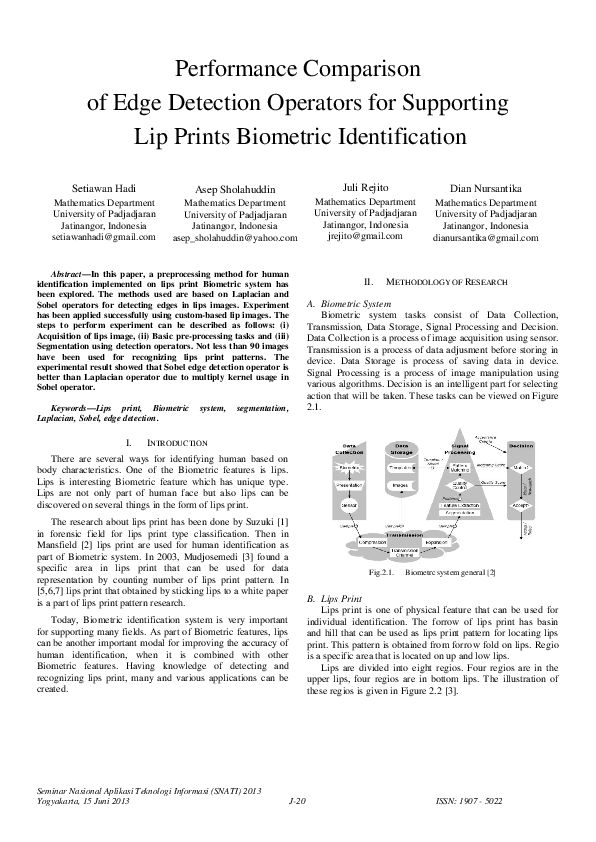Pdf Performance Comparison Of Edge Detection Operators For Supporting Lip Prints Biometric