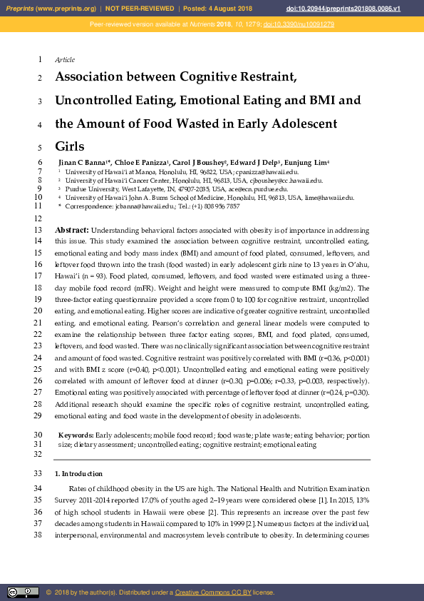 (PDF) 1 Association between Cognitive Restraint , 2 Uncontrolled Eating ...