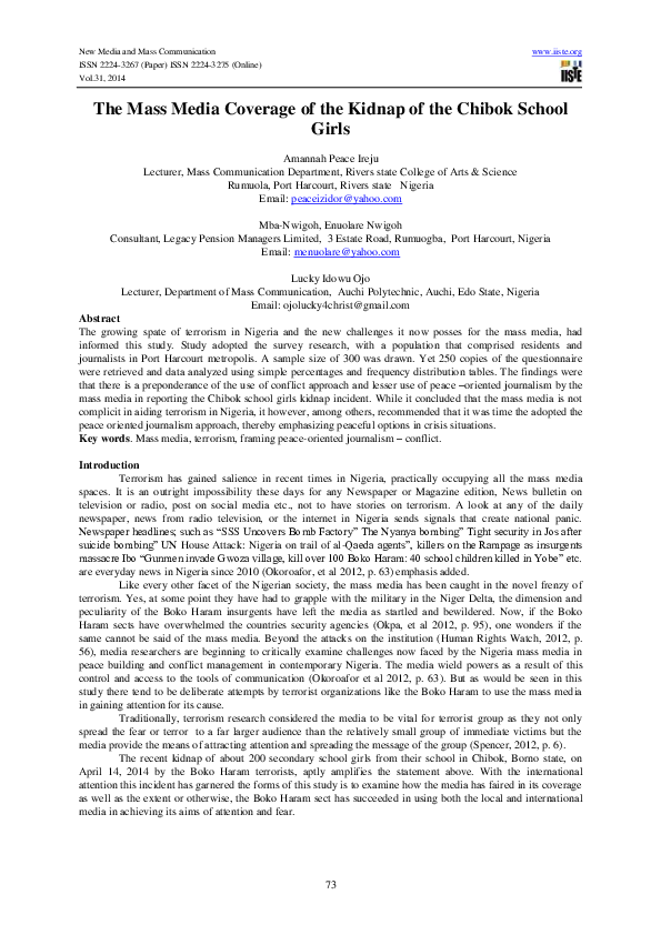 (PDF) The Mass Media Coverage of the Kidnap of the Chibok School Girls