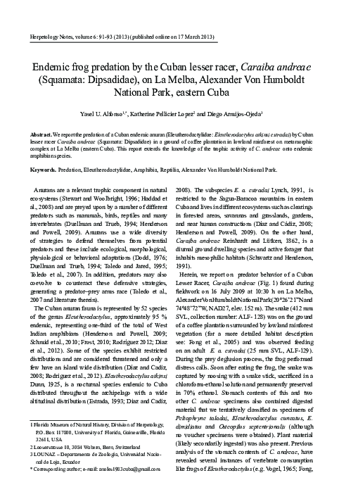 (PDF) Endemic frog predation by the Cuban lesser racer, Caraiba andreae ...