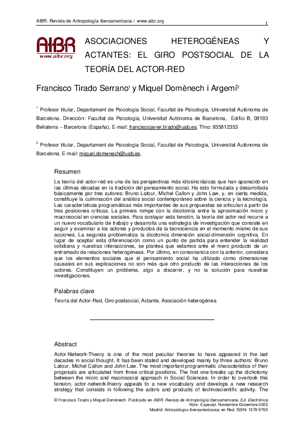 (PDF) Asociaciones heterogéneas y actantes: El giro postsocial de la ...