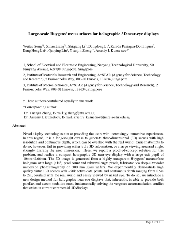 (PDF) Large‐Scale Huygens’ Metasurfaces for Holographic 3D Near‐Eye Displays