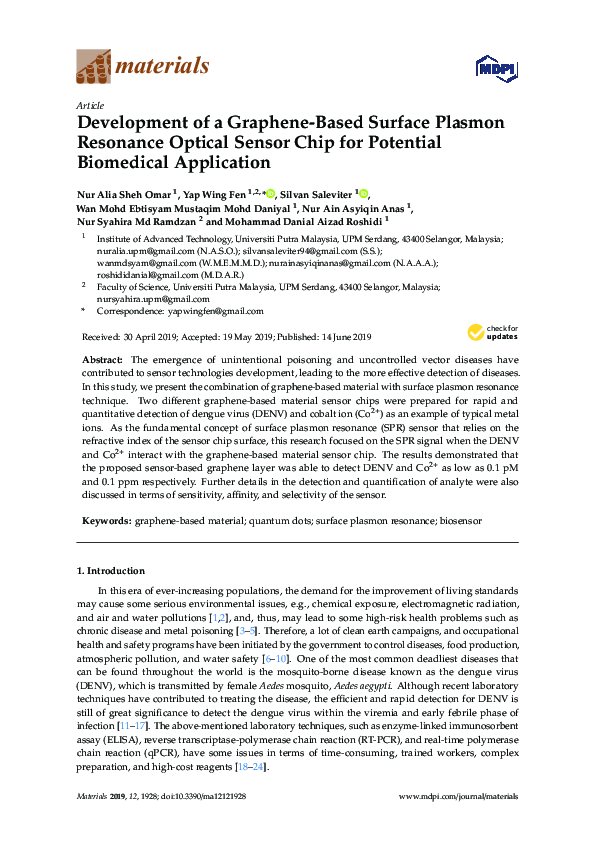 (PDF) Development of a Graphene-Based Surface Plasmon Resonance Optical Sensor Chip for ...