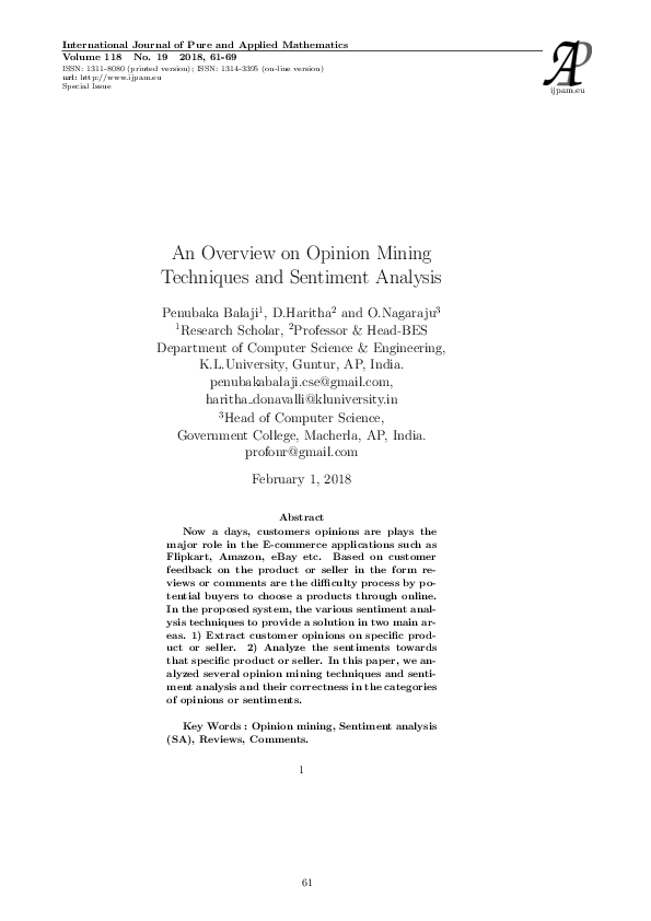 (PDF) An Overview on Opinion Mining Techniques and Sentiment Analysis