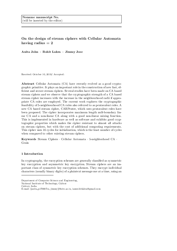 Pdf Efficient Stream Cipher Design Using Ca