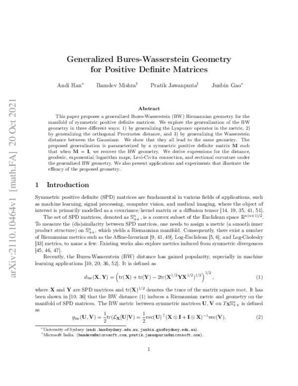 (PDF) Generalized Bures-Wasserstein Geometry for Positive Definite Matrices