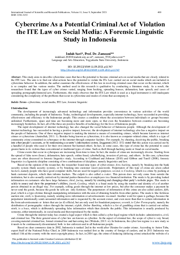 (PDF) Cybercrime As a Potential Criminal Act of Violation the ITE Law on Social Media: A ...