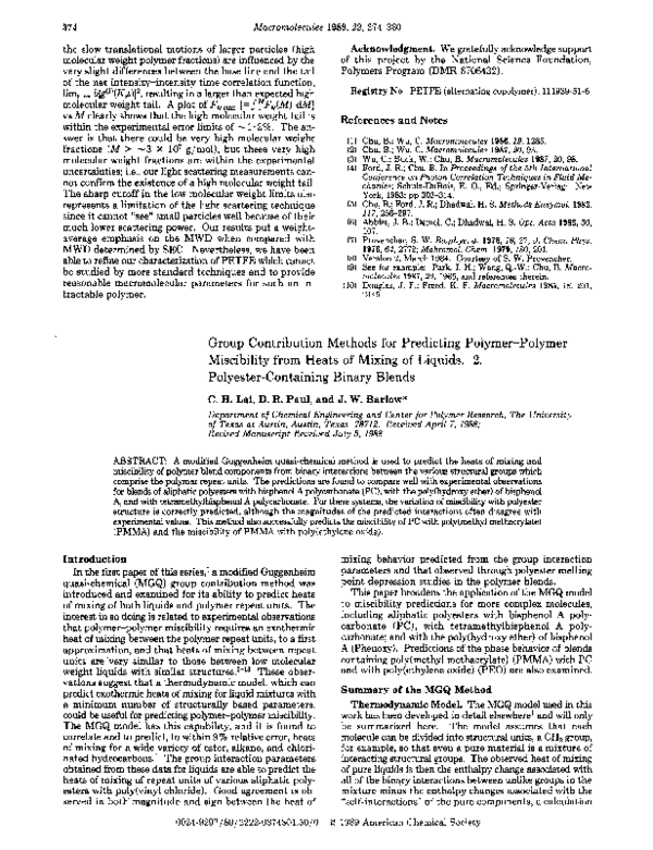 (PDF) Group contribution methods for predicting polymer-polymer miscibility from heats of mixing ...