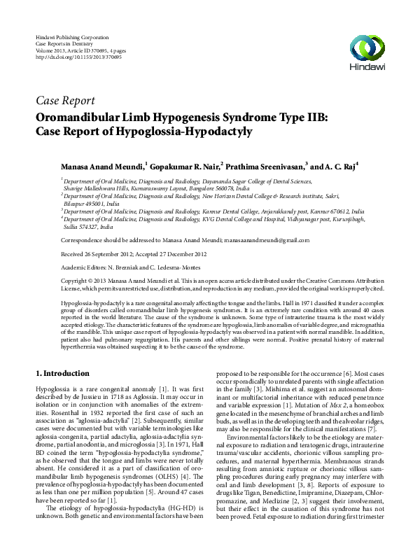 (PDF) Oromandibular Limb Hypogenesis Syndrome Type IIB: Case Report of Hypoglossia-Hypodactyly