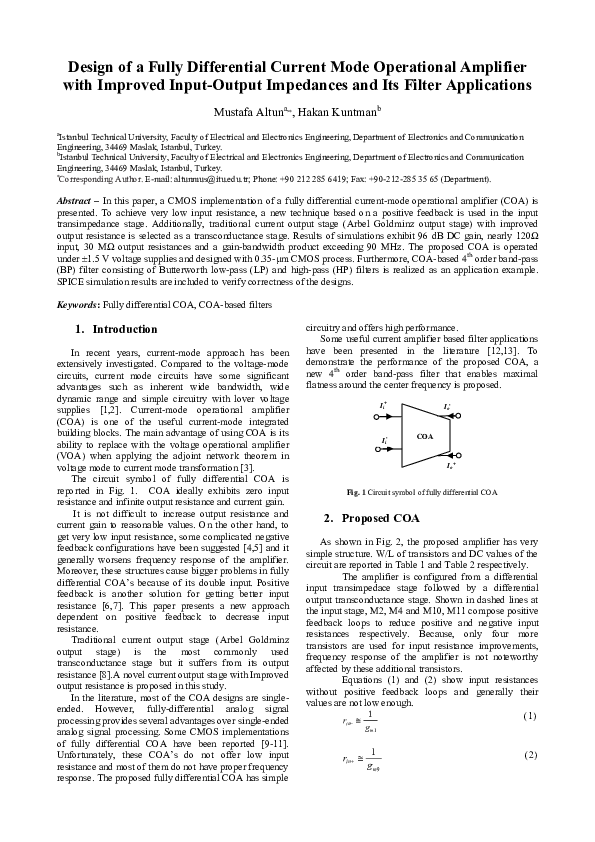 (PDF) Design of a Fully Differential Current Mode Operational Amplifier With Improved Input ...