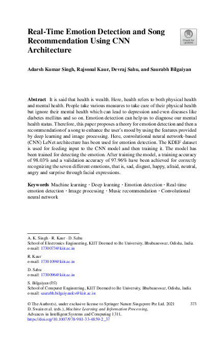 (PDF) Real-Time Emotion Detection and Song Recommendation Using CNN Architecture