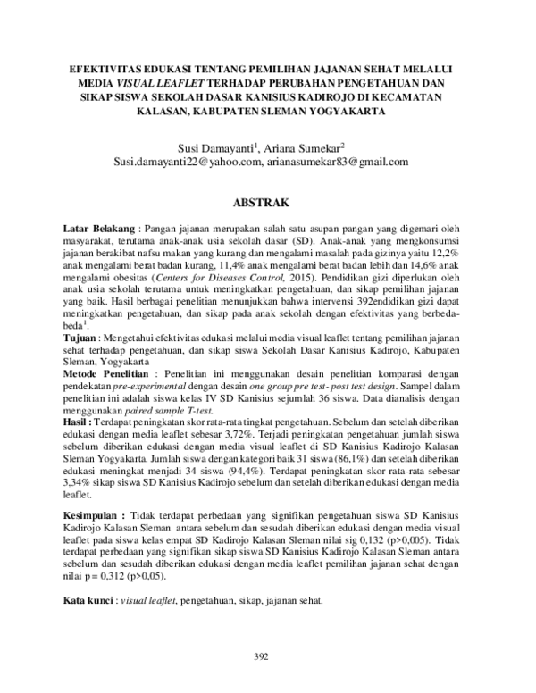 (PDF) Efektivitas Edukasi Tentang Pemilihan Jajanan Sehat Melalui Media Visual Leaflet Terhadap ...