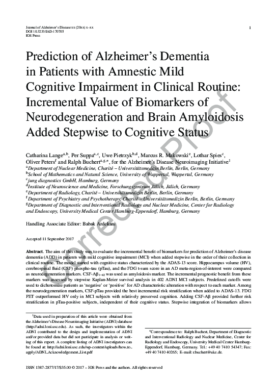 (PDF) Prediction of Alzheimer’s Dementia in Patients with Amnestic Mild Cognitive Impairment in ...