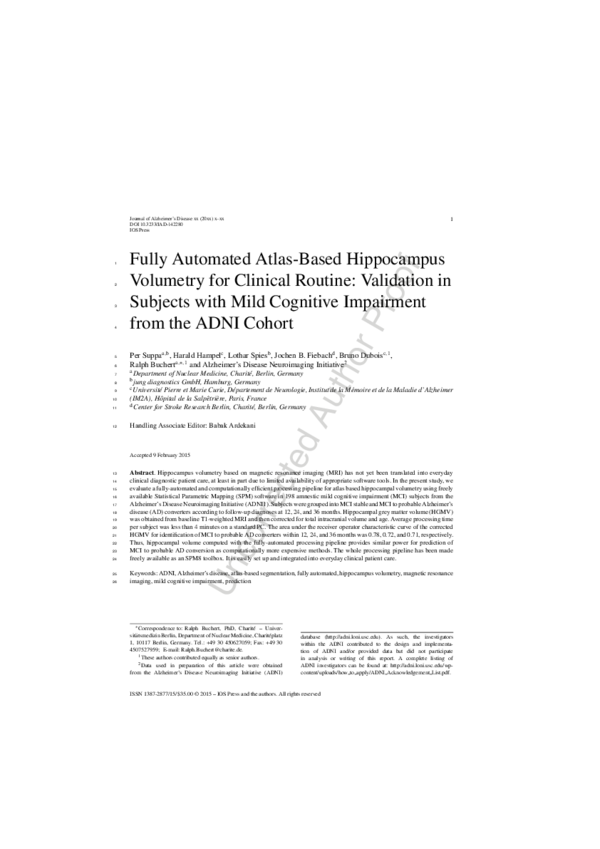 (PDF) Fully Automated Atlas-Based Hippocampus Volumetry for Clinical Routine: Validation in ...