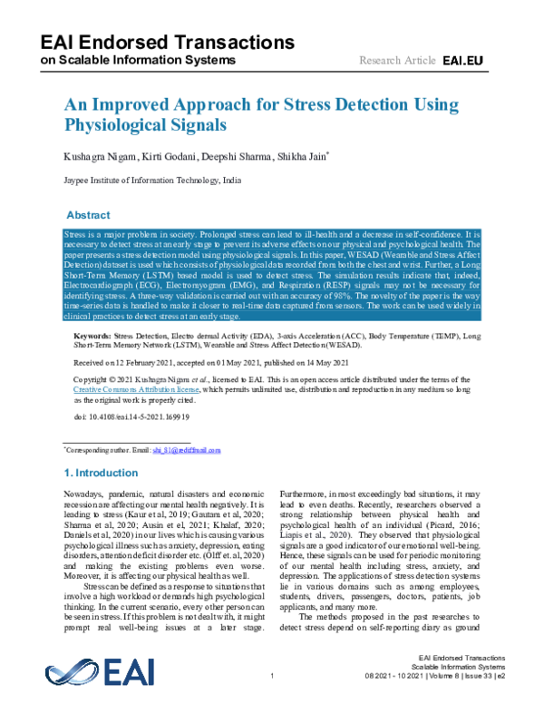 Pdf An Improved Approach For Stress Detection Using Physiological Signals