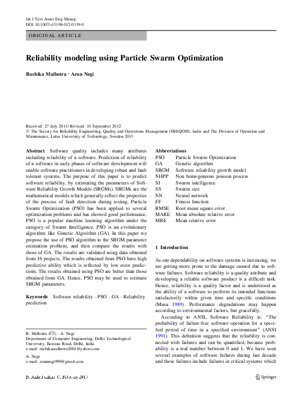 Pdf Reliability Modeling Using Particle Swarm Optimization