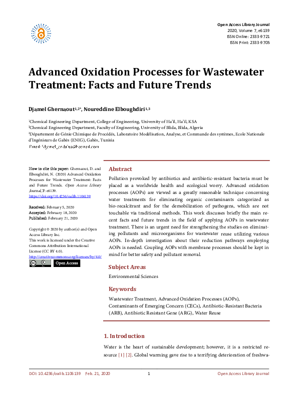 (PDF) Advanced Oxidation Processes for Wastewater Treatment: Facts and ...