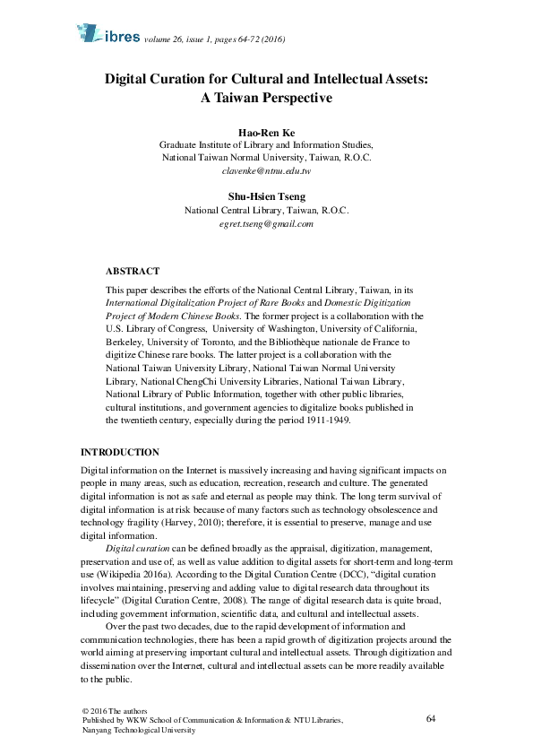 (PDF) Digital curation for cultural and intellectual assets: A taiwan perspective