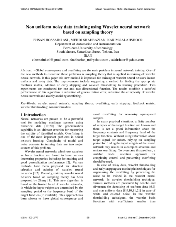 Pdf Non Uniform Noisy Data Training Using Wavelet Neural Network
