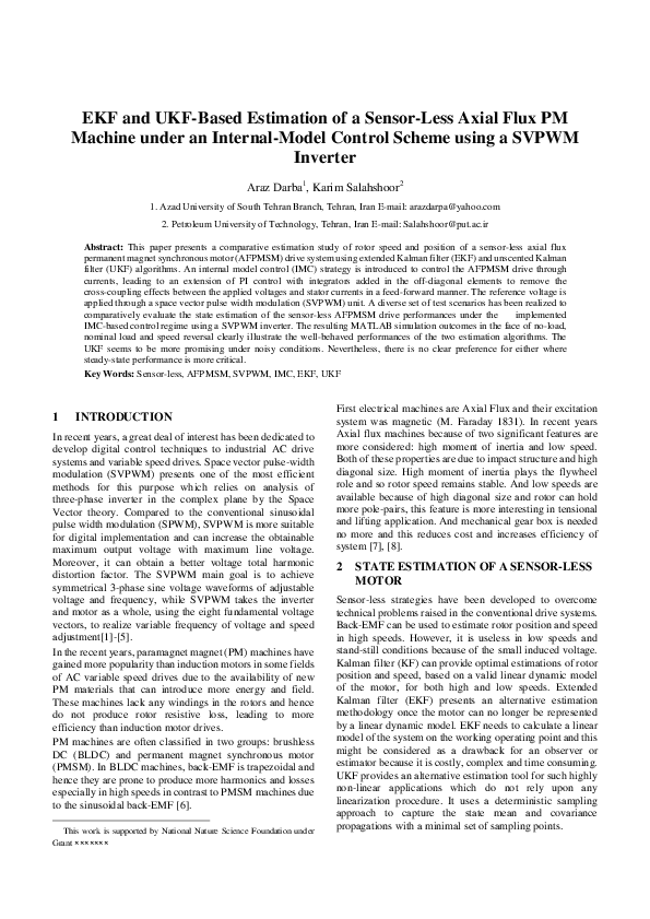 (PDF) EKF and UKF-based estimation of a sensor-less axial flux PM machine under an internal ...