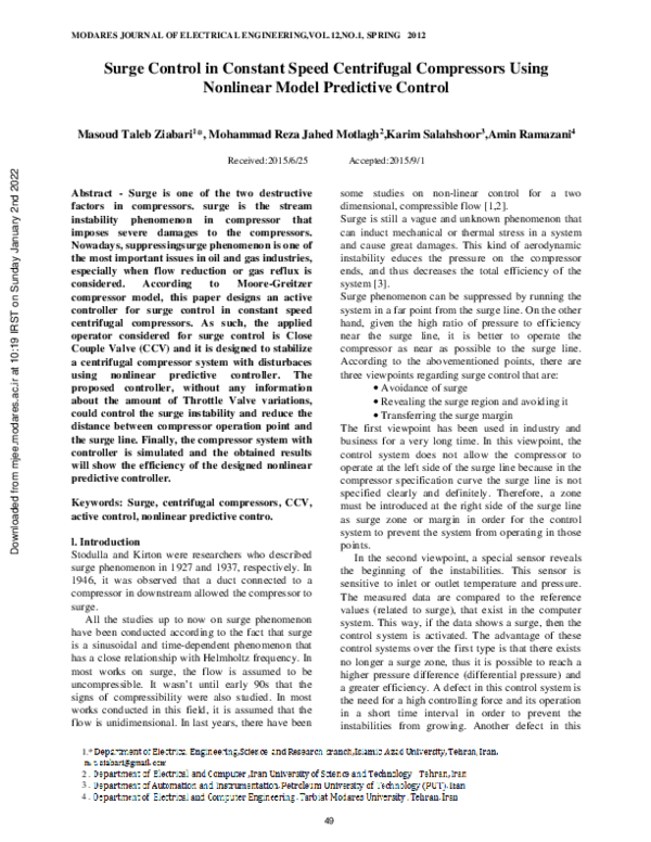 Pdf Surge Control In Constant Speed Centrifugal Compressors Using Nonlinear Model Predictive