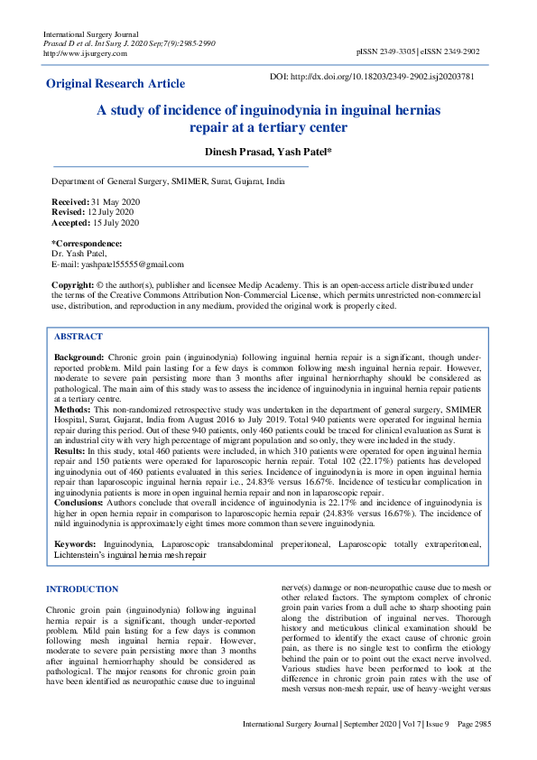 (PDF) A study of incidence of inguinodynia in inguinal hernias repair ...