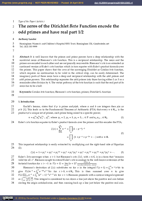 (PDF) The Zeros of the Dirichlet Beta Function Encode the Odd Primes and Have Real Part 1/2