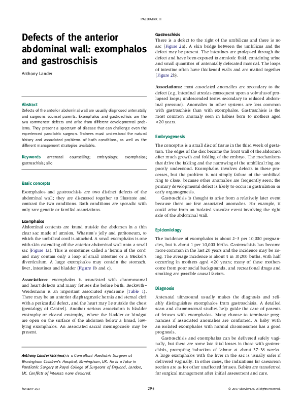 (PDF) Defects of the anterior abdominal wall: exomphalos and gastroschisis