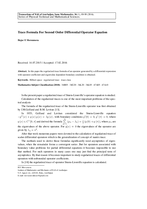 (PDF) Trace Formula For Second Order Differential Operator Equation