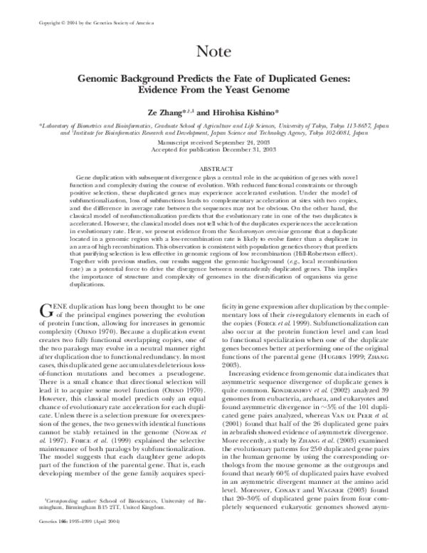 (PDF) Genomic Background Predicts the Fate of Duplicated Genes ...