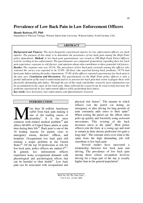 (PDF) Prevalence of Low Back Pain in Law Enforcement Officers