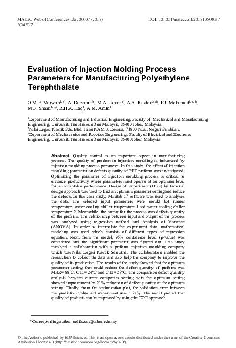 Pdf Evaluation Of Injection Molding Process Parameters For Manufacturing Polyethylene