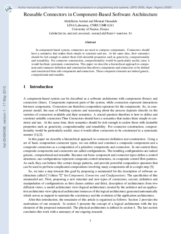 (PDF) Reusable Connectors in Component-Based Software Architecture ... (PDF) Reusable Connectors in Component-Based Software Architecture ...