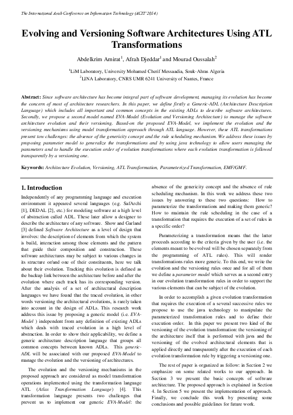 (PDF) Evolving and Versioning Software Architectures Using ATL Transformations