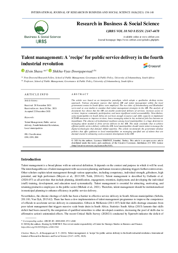 (PDF) Talent management: A 'recipe' for public service delivery in the ...