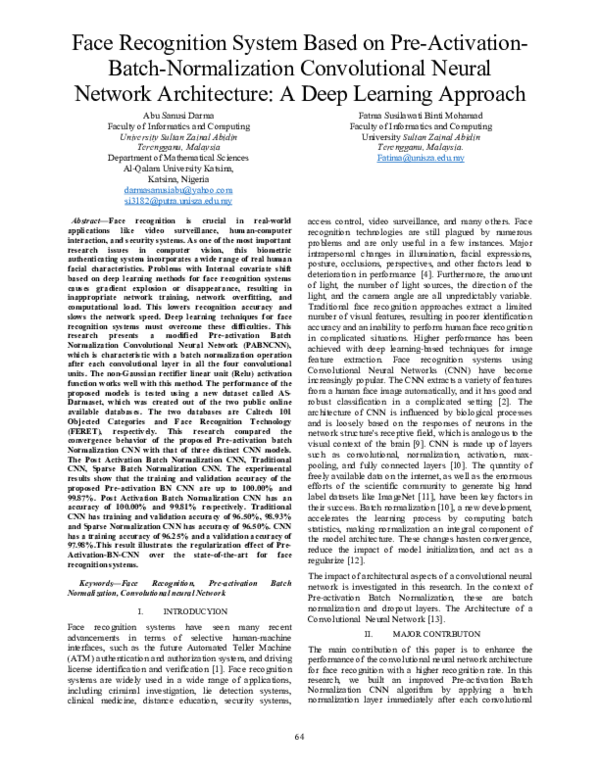 Pdf Face Recognition System Based On Pre Activation Batch Normalization Convolutional Neural