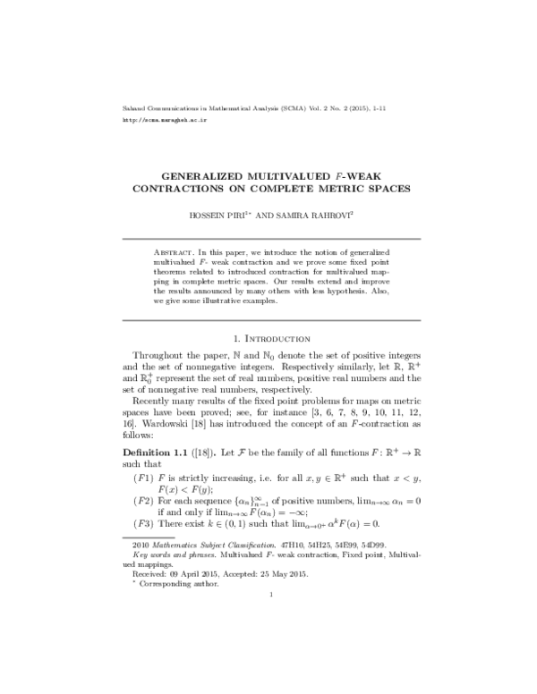 (PDF) Generalized multivalued $F$-weak contractions on complete metric spaces