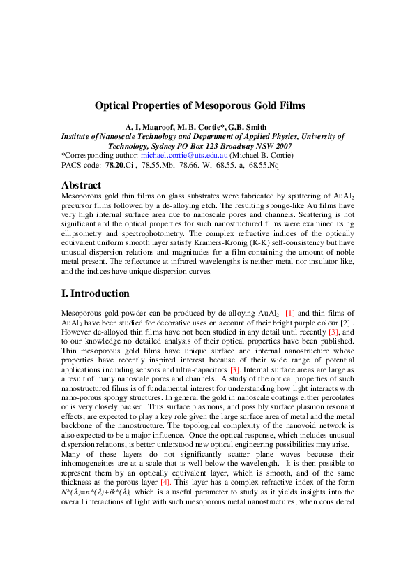 (PDF) Optical properties of mesoporous gold films