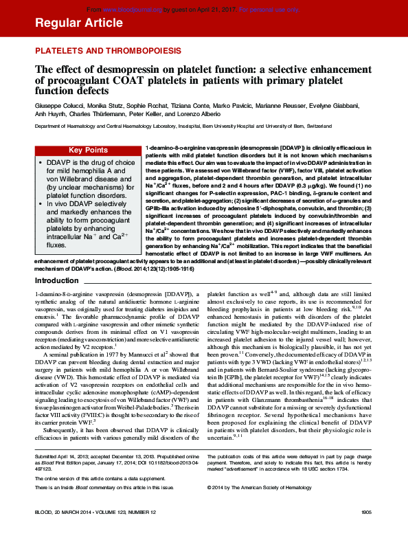 (PDF) The effect of desmopressin on platelet function: a selective ...